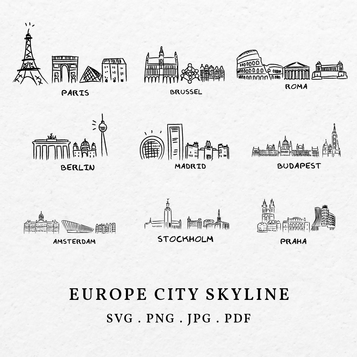 Europe City Skyline Illustration SVG PNG Bundle - Hand Drawn Cityscape ...