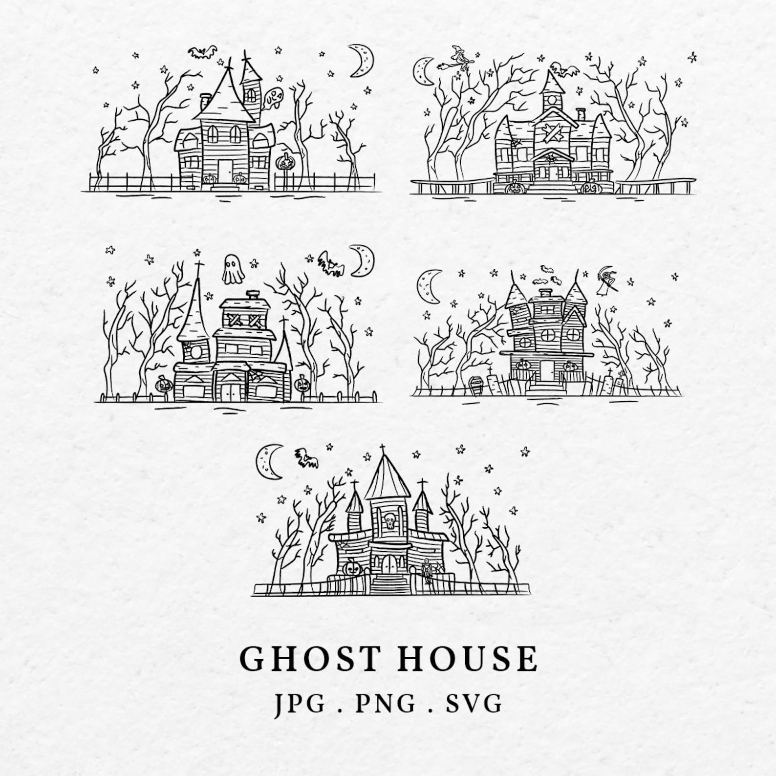 Ghost House Illustration – Halloween Spooky Doodle Clip Art (SVG, PNG ...