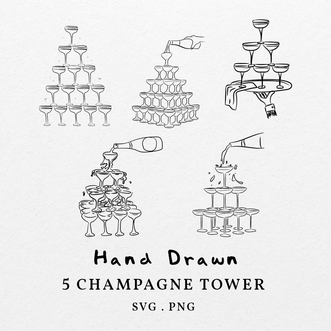 Hand Drawn Flowing Champagne Tower and Glasses Pyramide Drawing ...