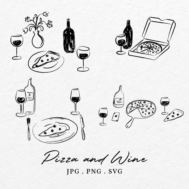 Hand Drawn Pizza and Wine Illustration Clip Art SVG PNG Doodle ...