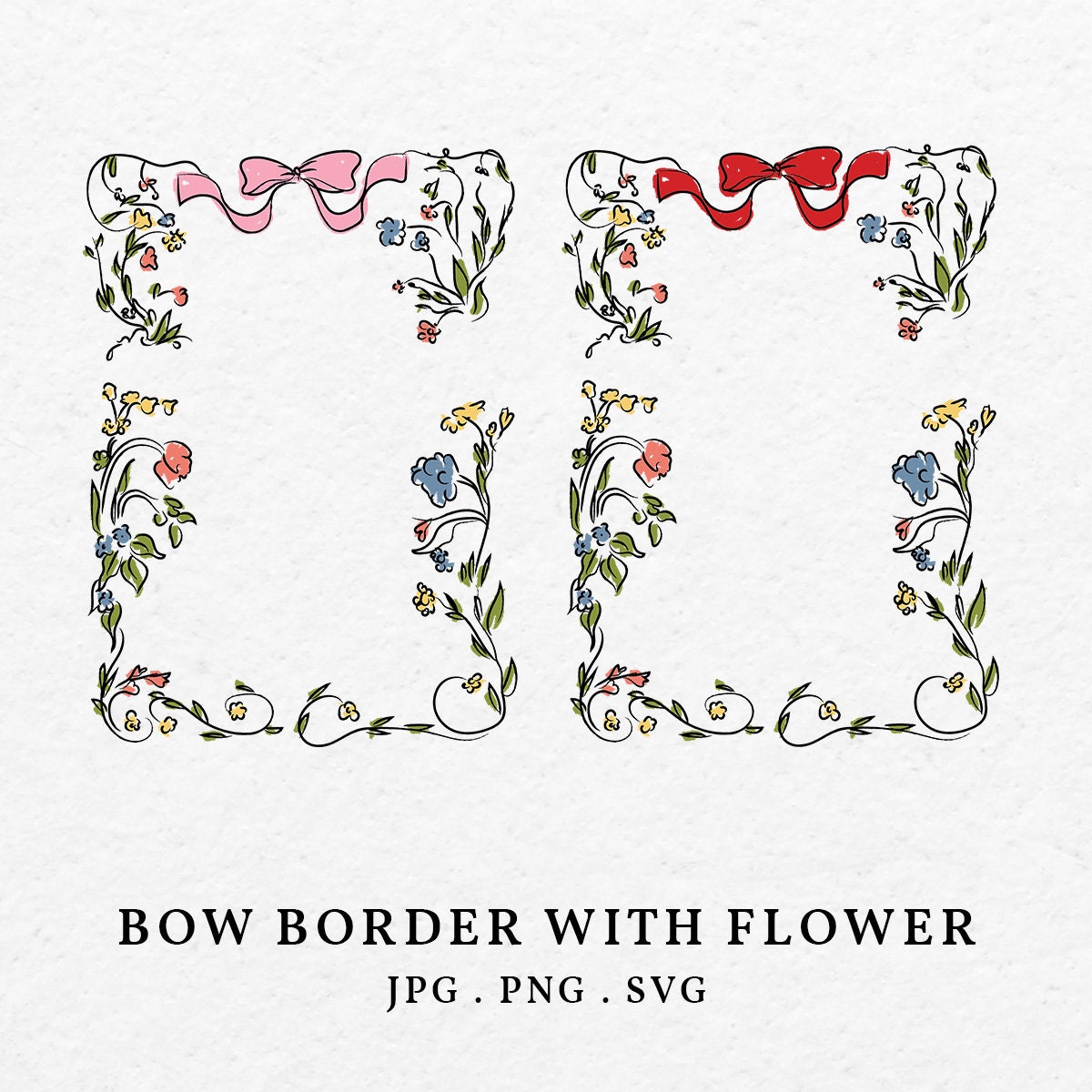 Bow Border With Flower Color Illustration Bundle SVG PNG Hand Drawn ...