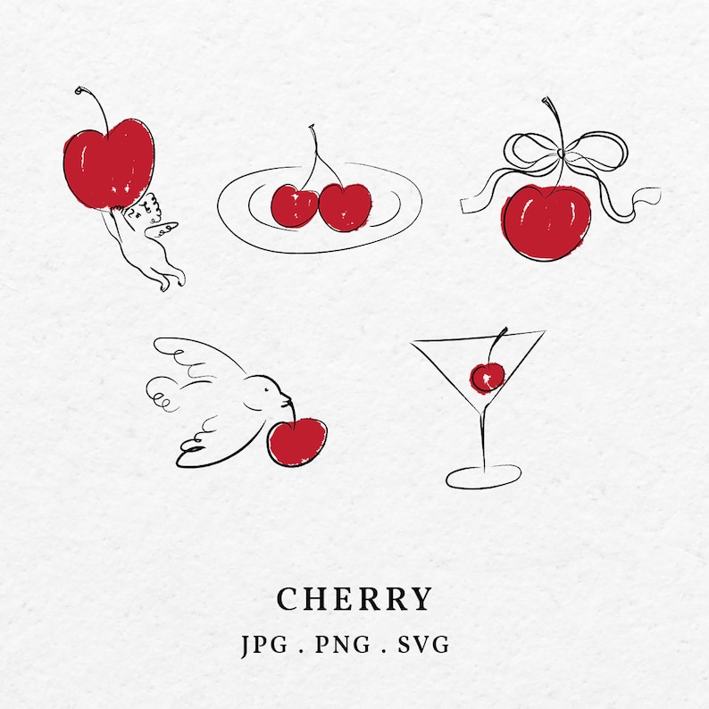 Cherry Color Illustration Bundle SVG PNG - Hand Drawn Whimsical Red ...