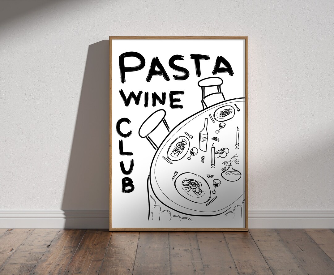 Pasta Wine Club - Dining Room Table Print, Line Art Spaghetti, Retro ...