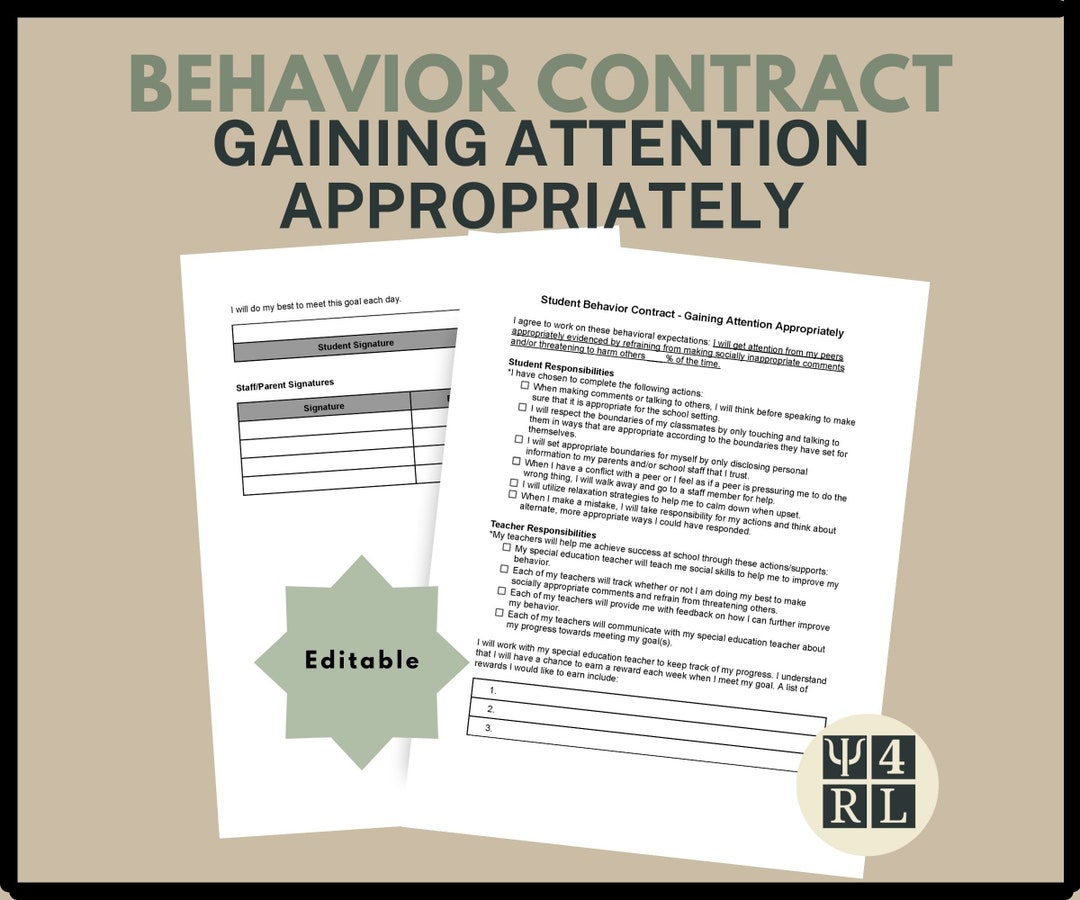 Student Behavior Contract - Gaining Attention Appropriately - Etsy