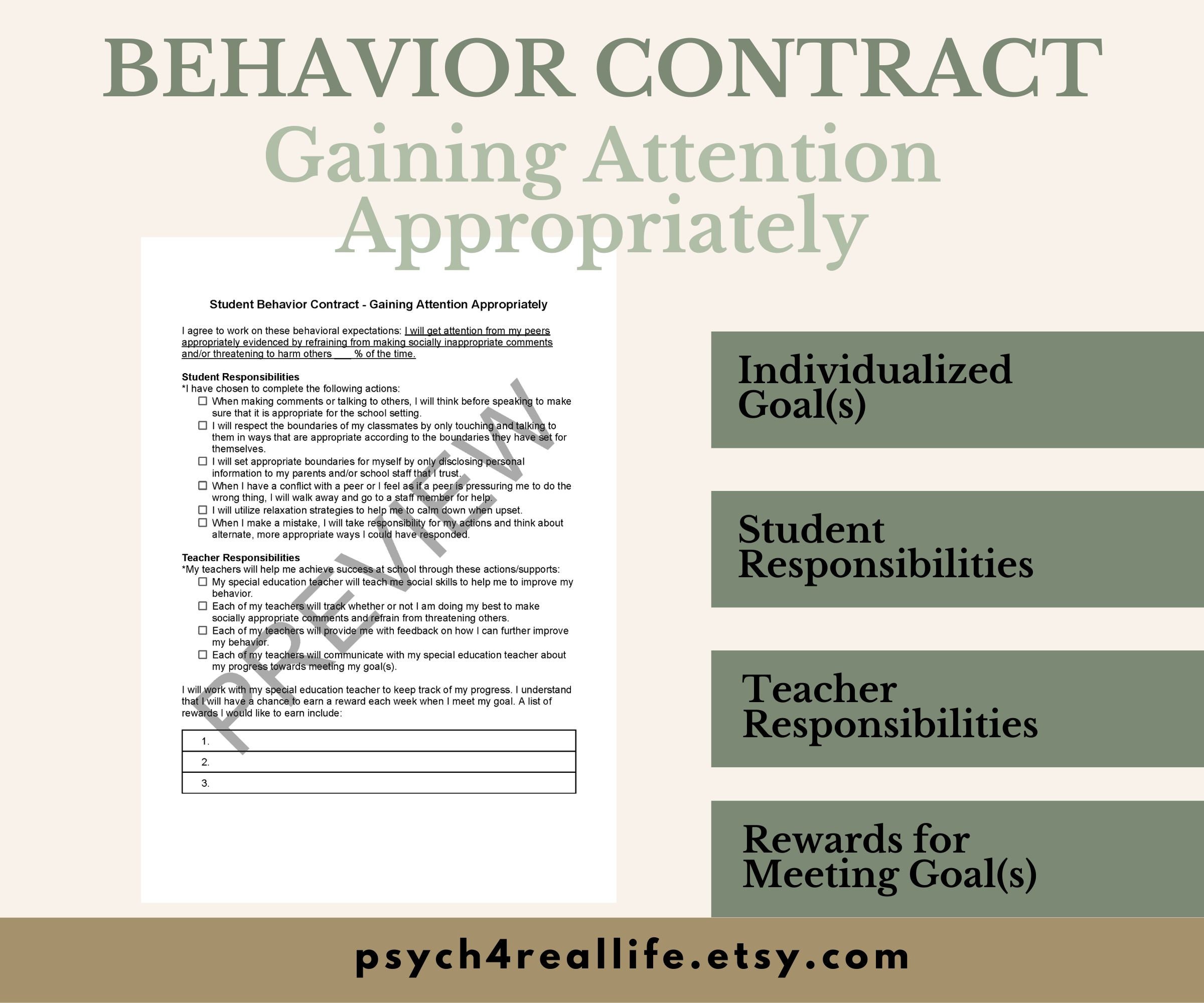 Student Behavior Contract - Gaining Attention Appropriately - Etsy
