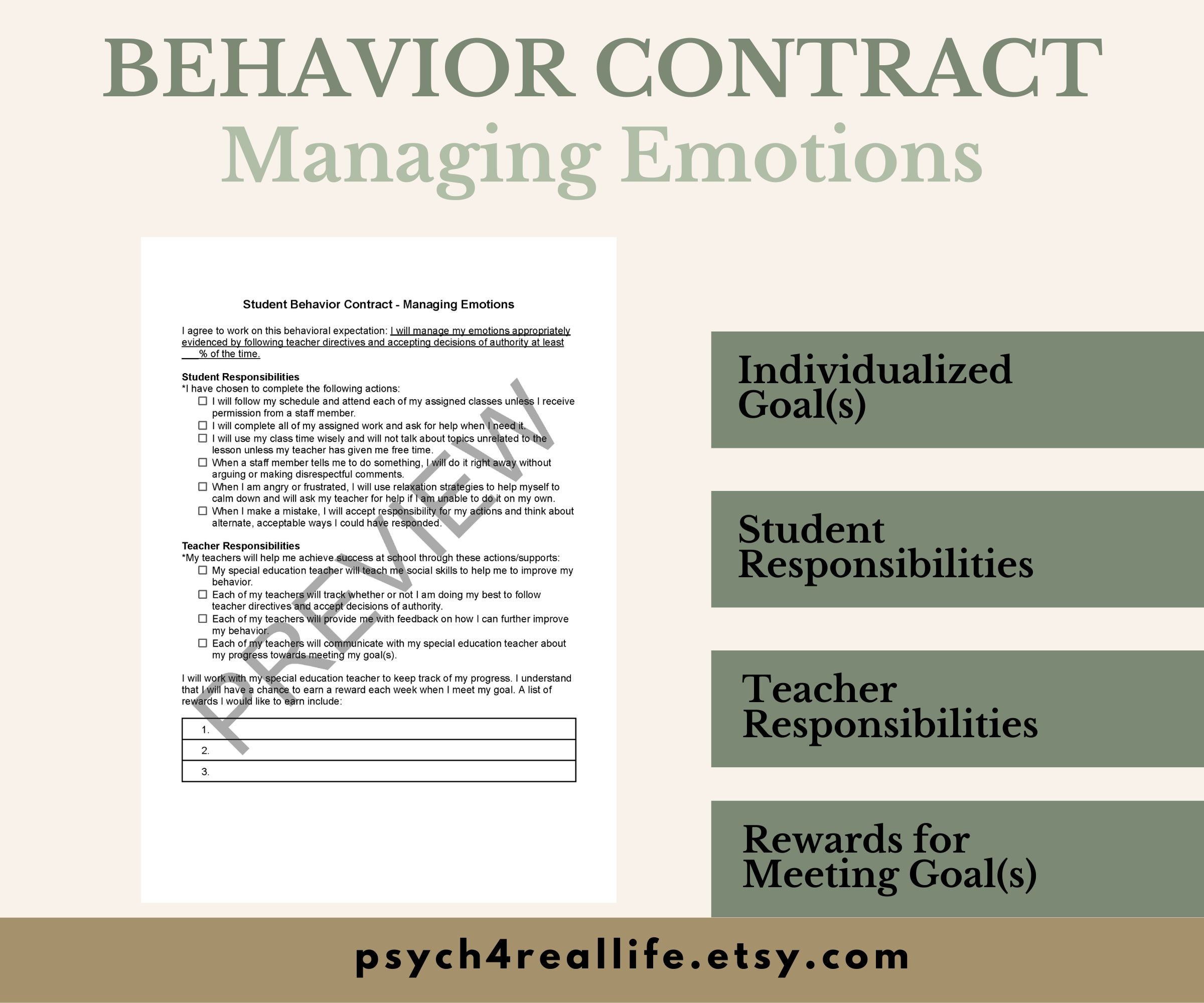 Student Behavior Contract - Managing Emotions - Etsy
