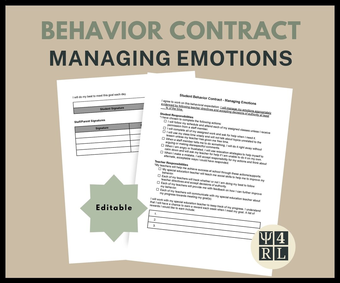 Student Behavior Contract - Managing Emotions - Etsy