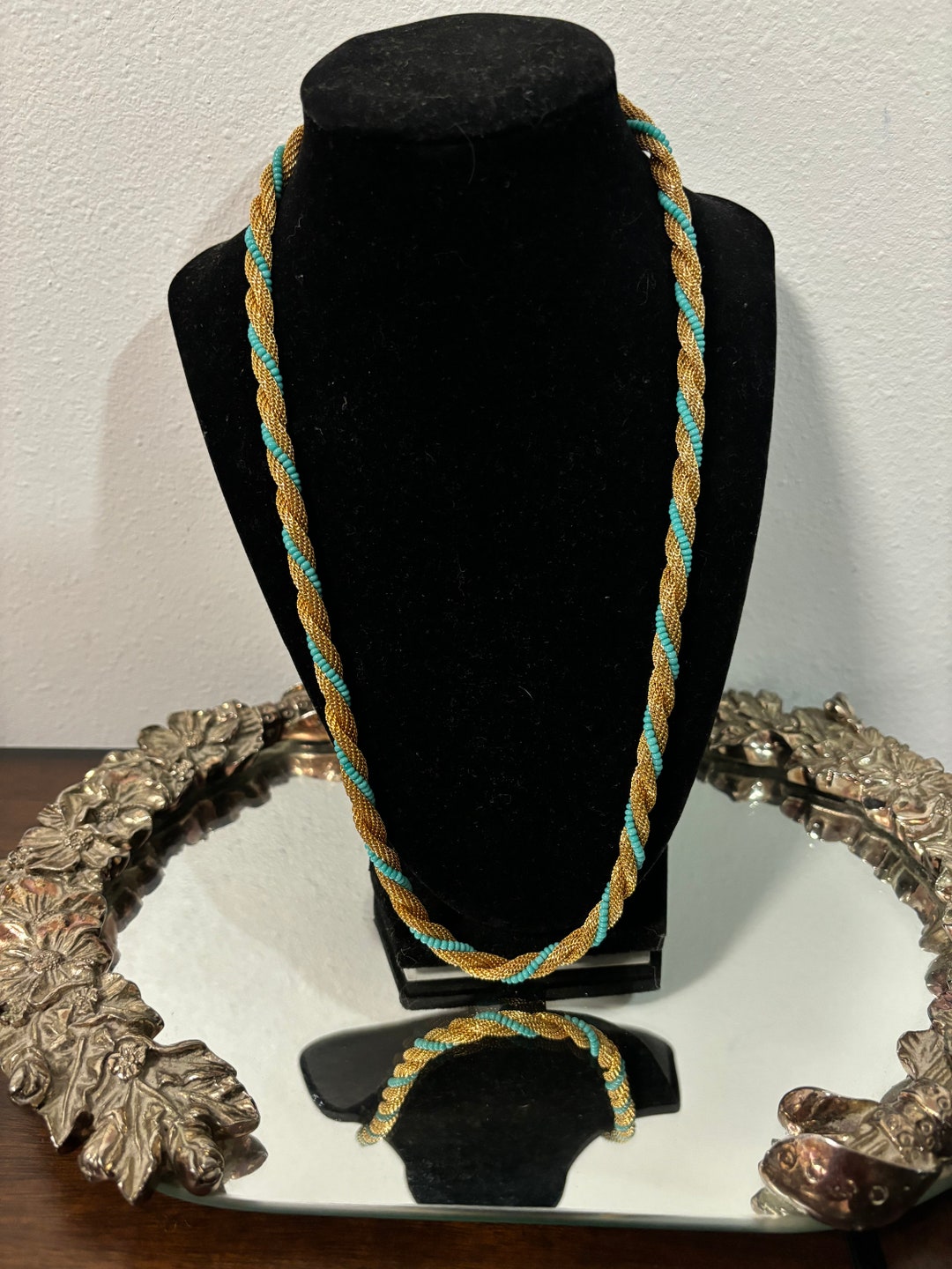 Vintage Gold Tone Chain Turquoise Color Seed Beads Braided Necklace - Etsy