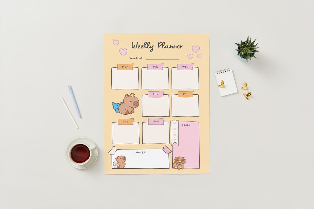 Cute Capybara Weekly Planner | Printable PDF & Canva Template | Kawaii ...