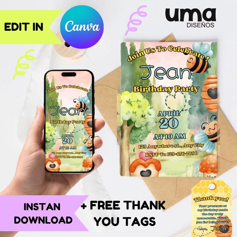 BEE PRINTABLE Editable Bumblebee Birthday Invitation Template Honeycomb ...