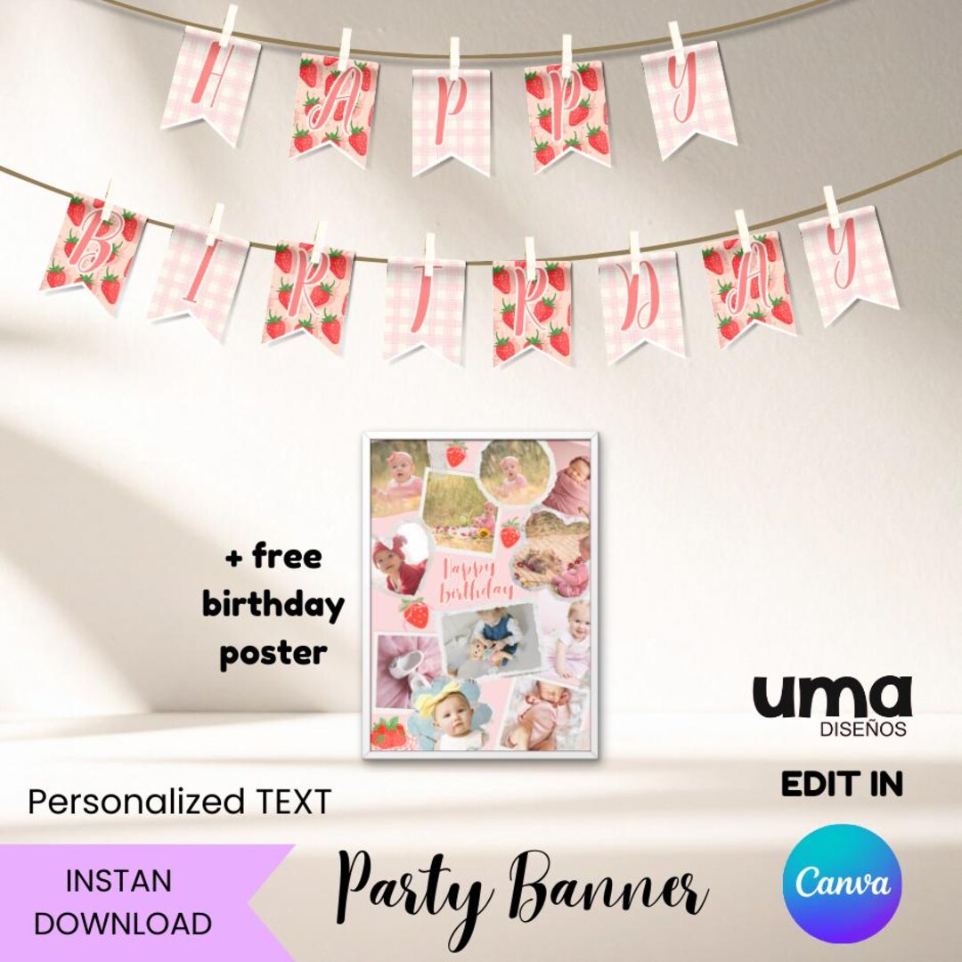 STRAWBERRY Party Banner Printable Editable + Free Birthday Poster ...