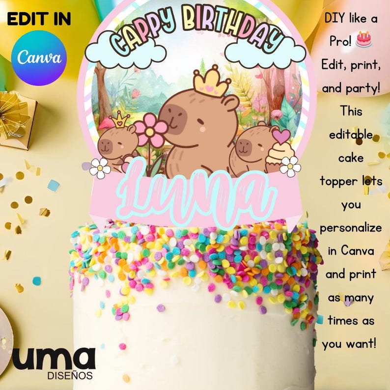 Cappy Birthday Capybara Cake Topper Editable – Cute cappy Birthday ...