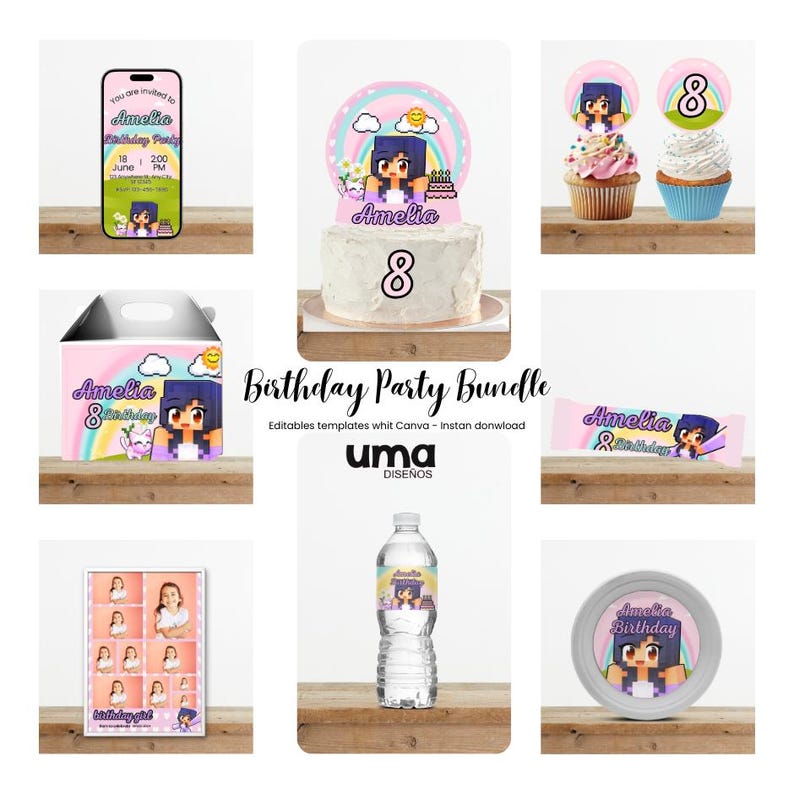 Aphmau Birthday Party Decorations Bundle Editable Canva Template ...