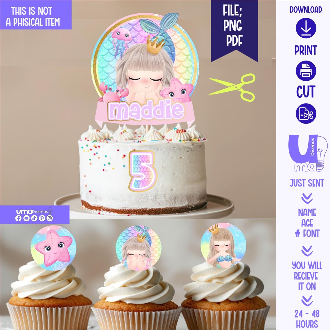 Printable Mermaid Cake Topper Perfect for Mermaids Lovers Free Cupcake ...