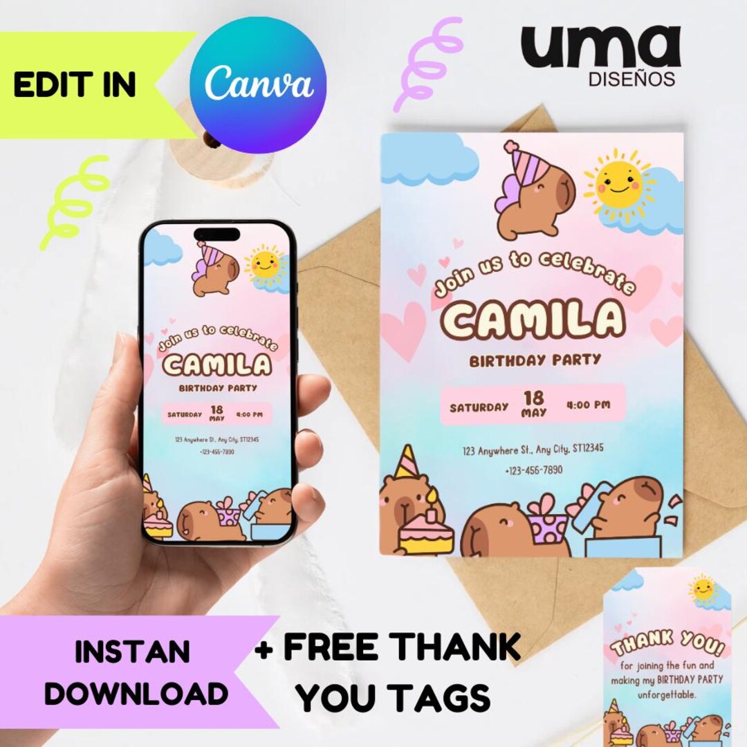 Capybara Birthday Invitation Theme | Editable Canva Template for Fun ...