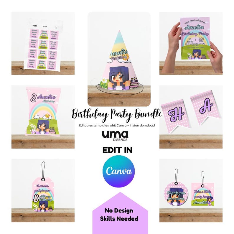 Aphmau Birthday Party Decorations Bundle Editable Canva Template ...