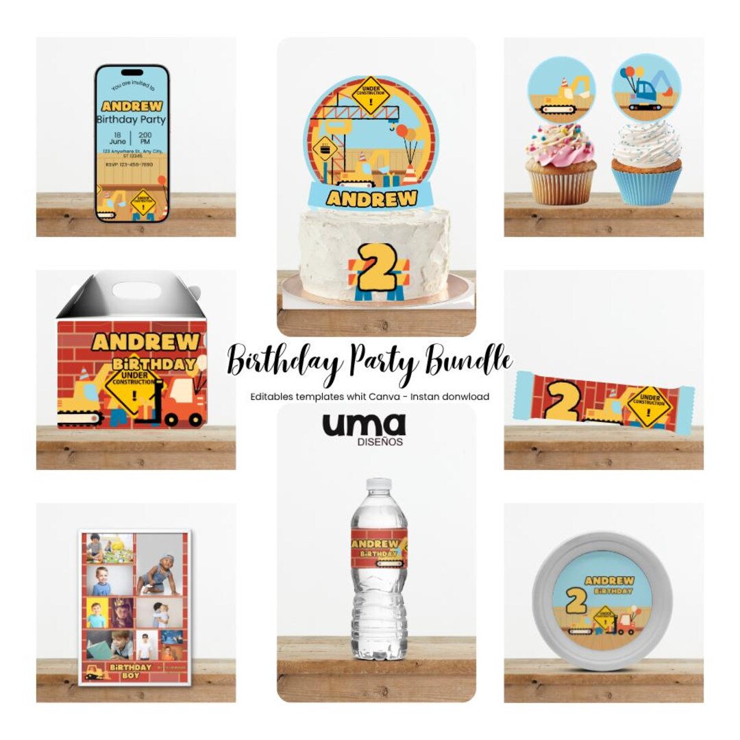 Construction Birthday Party Decorations Bundle Editable Canva Template ...