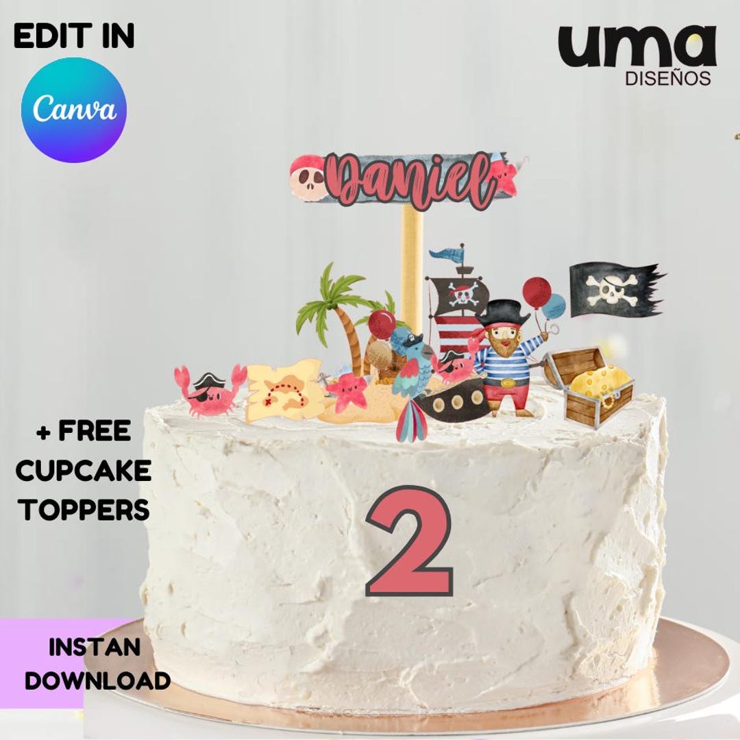 Pirates Birthday Pirates Cake Topper Editable – Cute Buccaneer Birthday ...