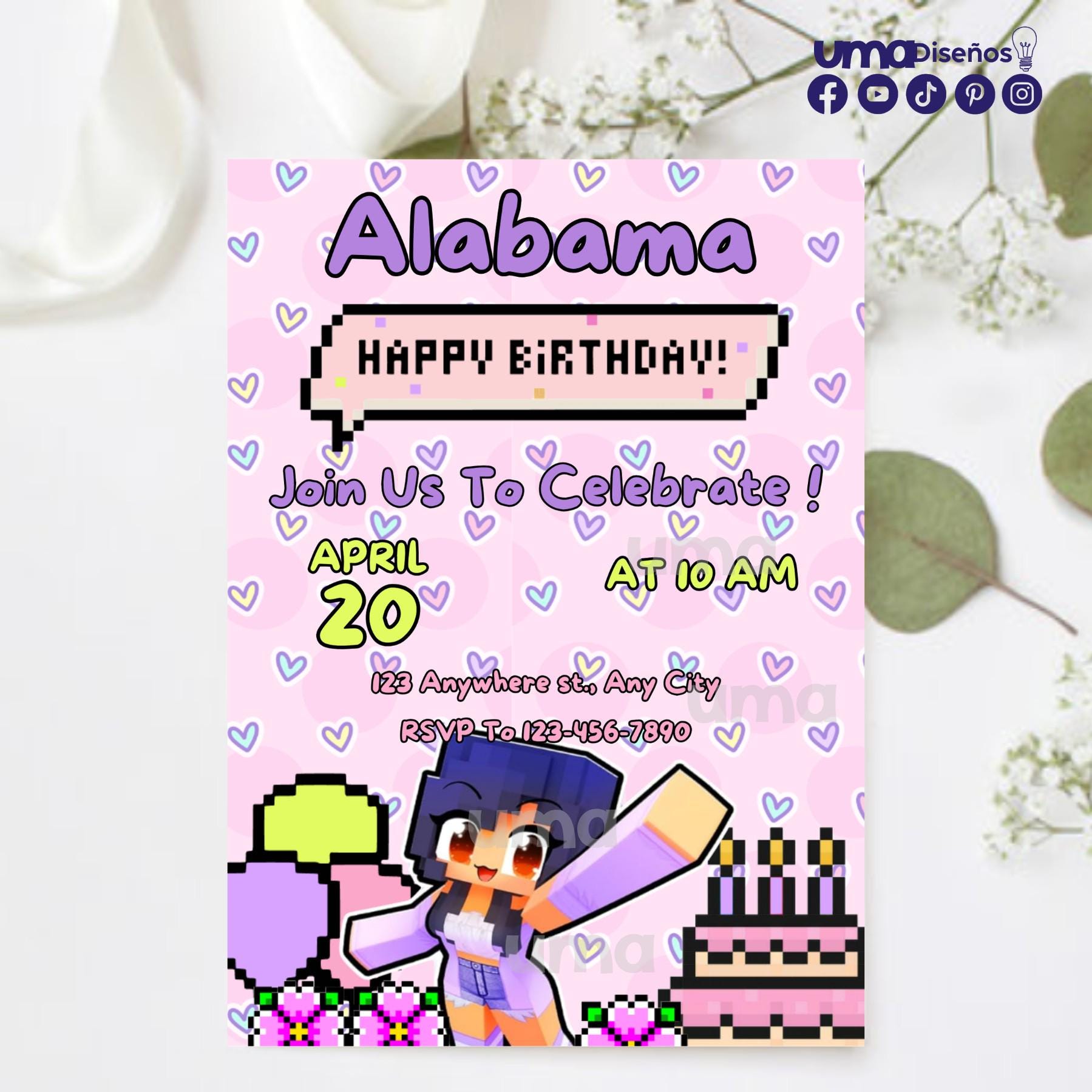 APHMAU PRINTABLE Editable Minecrafter Girl Birthday Invitation Template ...