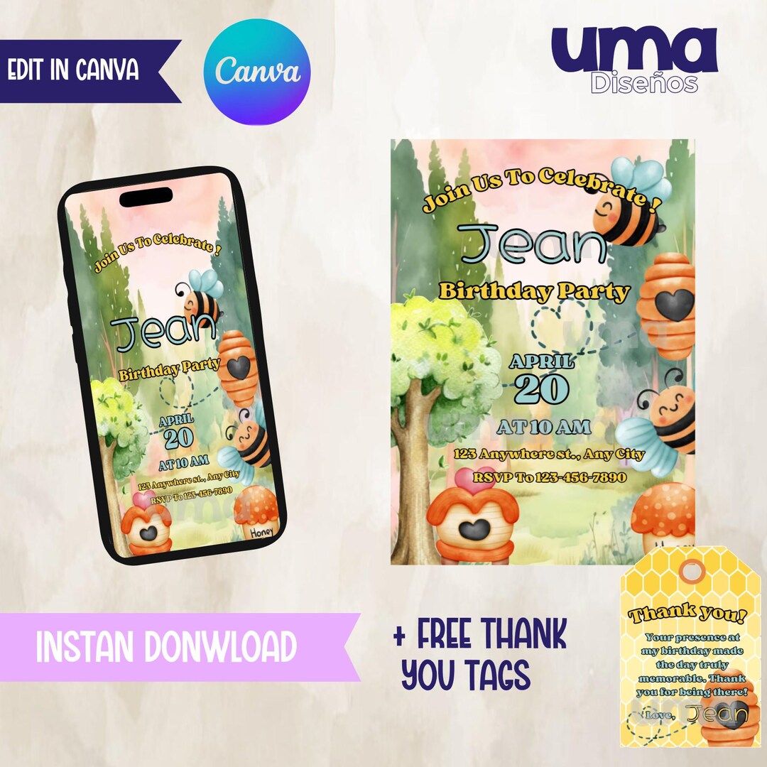 BEE PRINTABLE Editable Bumblebee Birthday Invitation Template Honeycomb ...