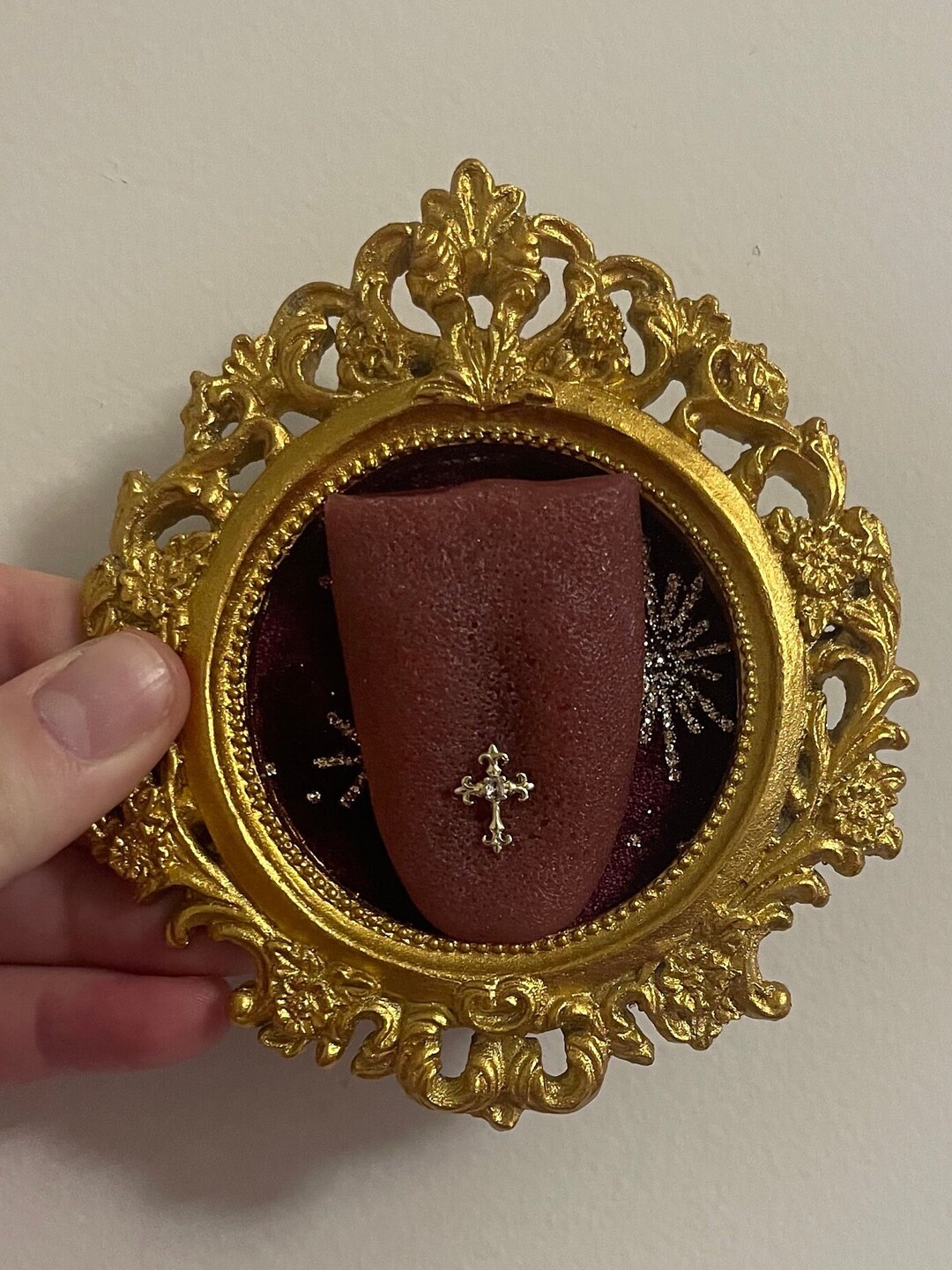 Human Replica Severed Pierced Crucifix Pierced Tongue in Mini Ornate ...