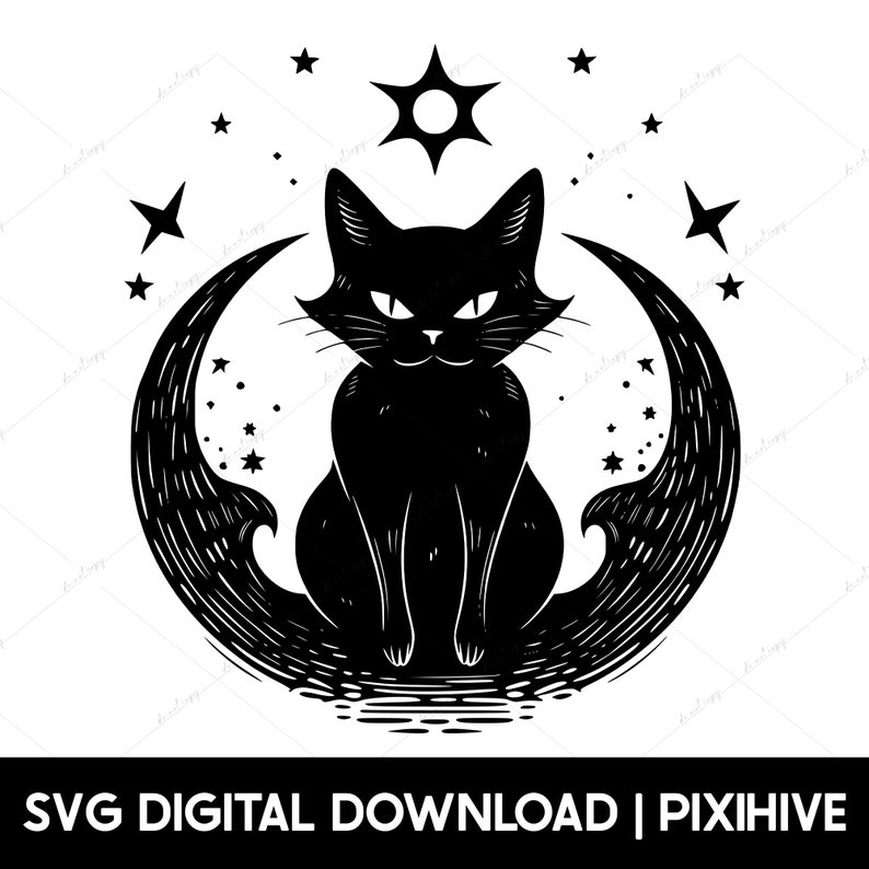 Black Cat SVG, Witchy Sublimation Design, Mystical Cat Vector File ...