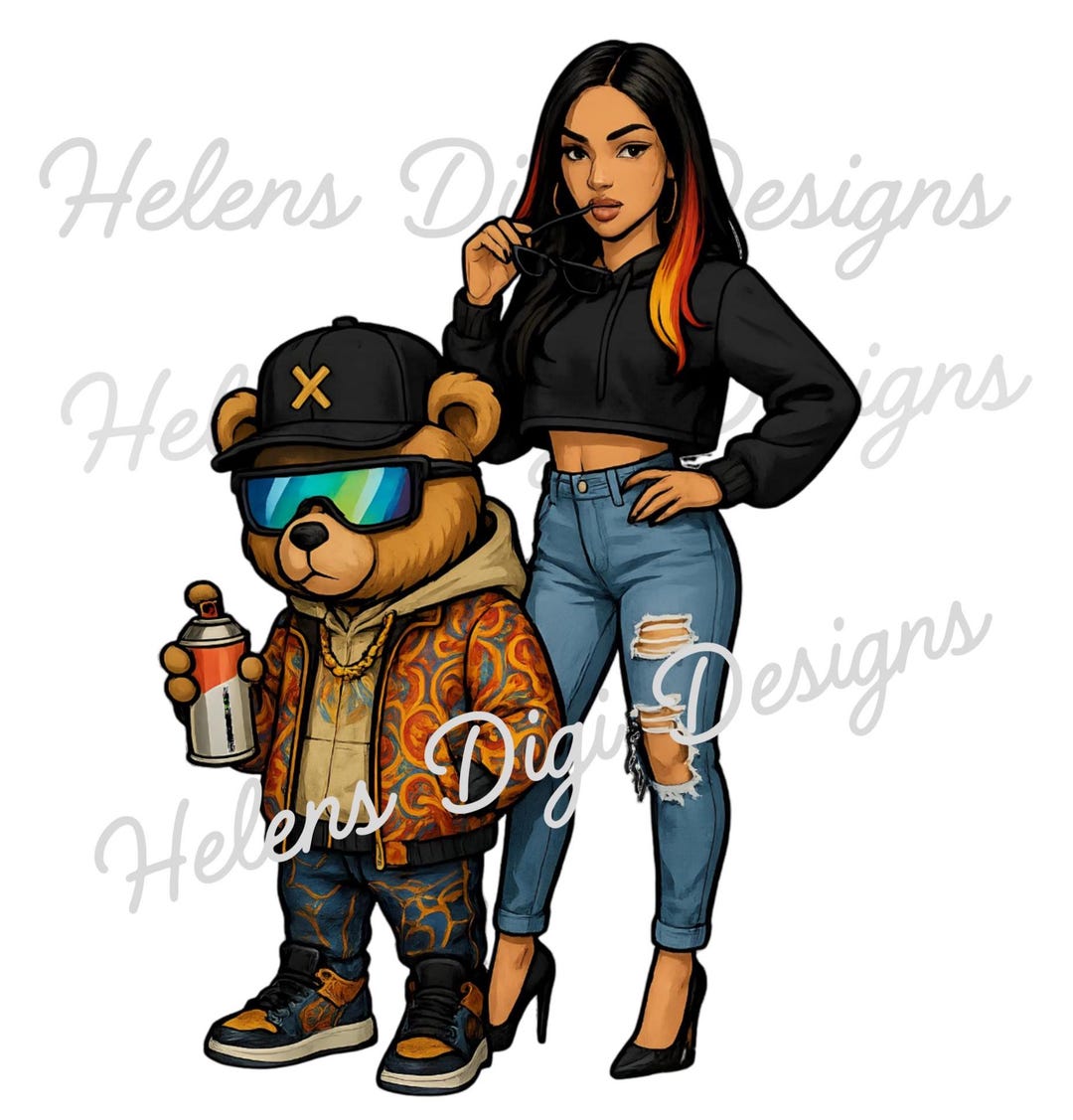 Graffiti Teddy Bear and Baddie PNG Girl, Hip Hop Coquette Digital Art ...
