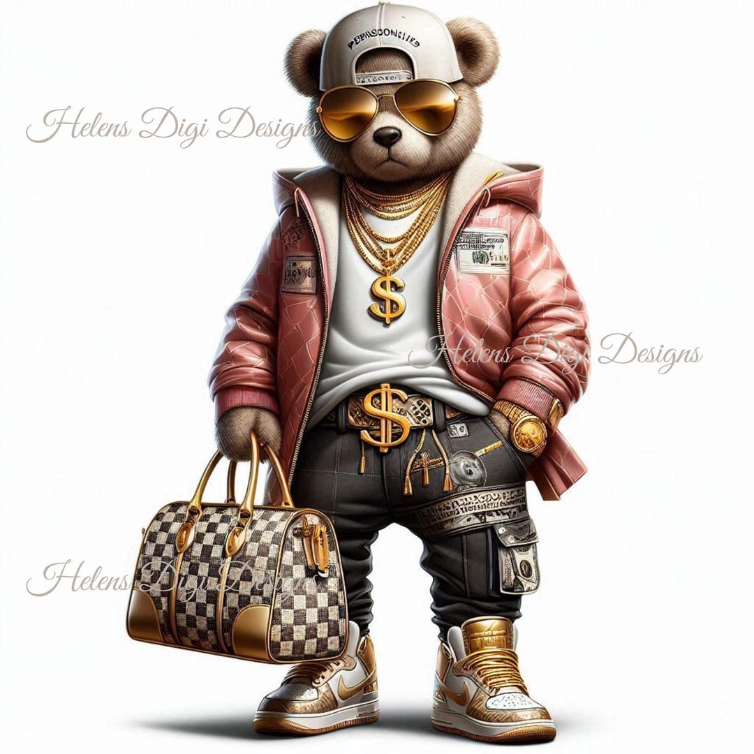 Hip Hop Teddy Bear PNG, Luxury Rapper Bear With Chains and Dollar Bag ...
