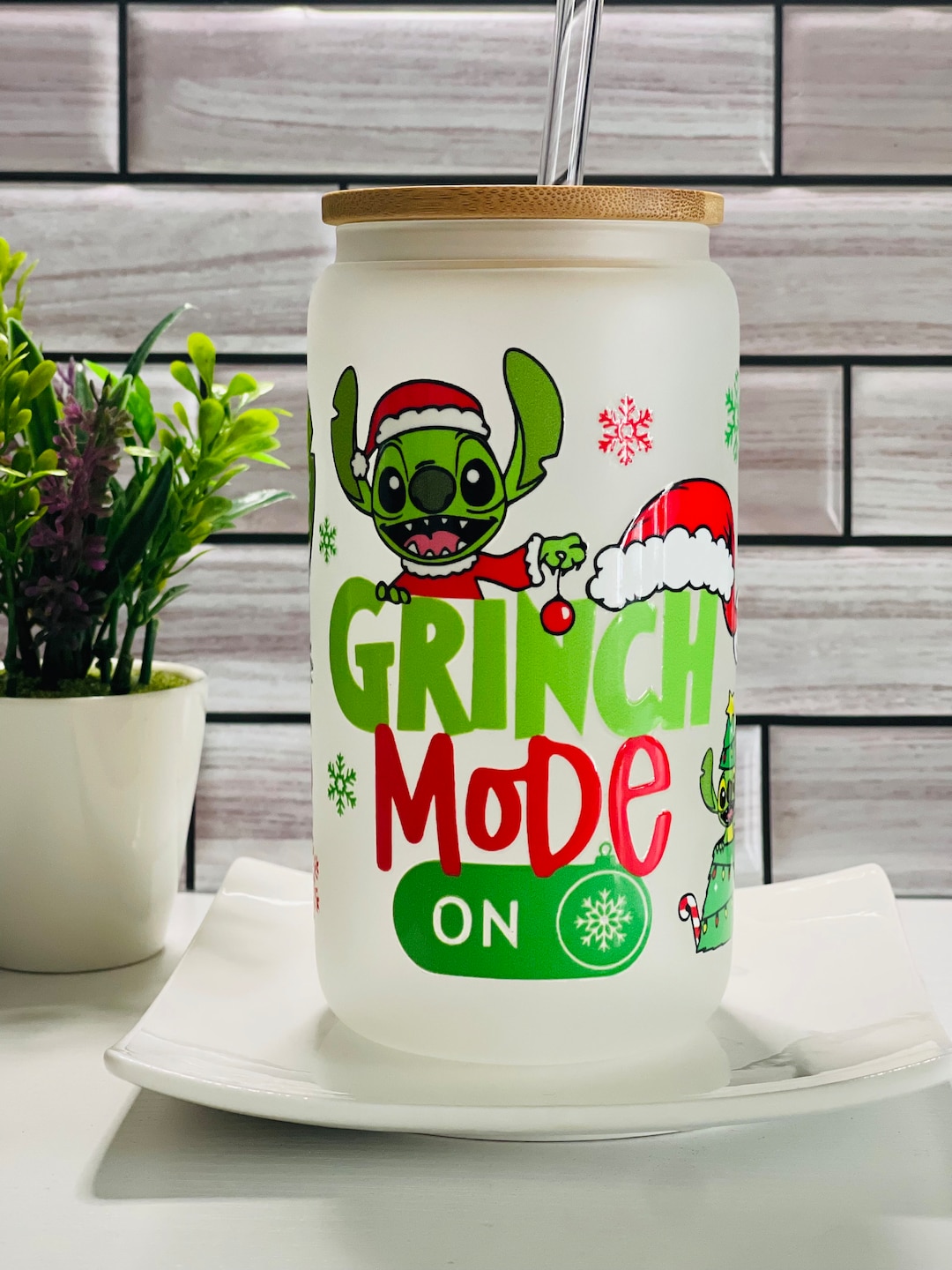 Green Alien Grinch Mode Xmas Libbey Glass Can Cup With Lid and - Etsy