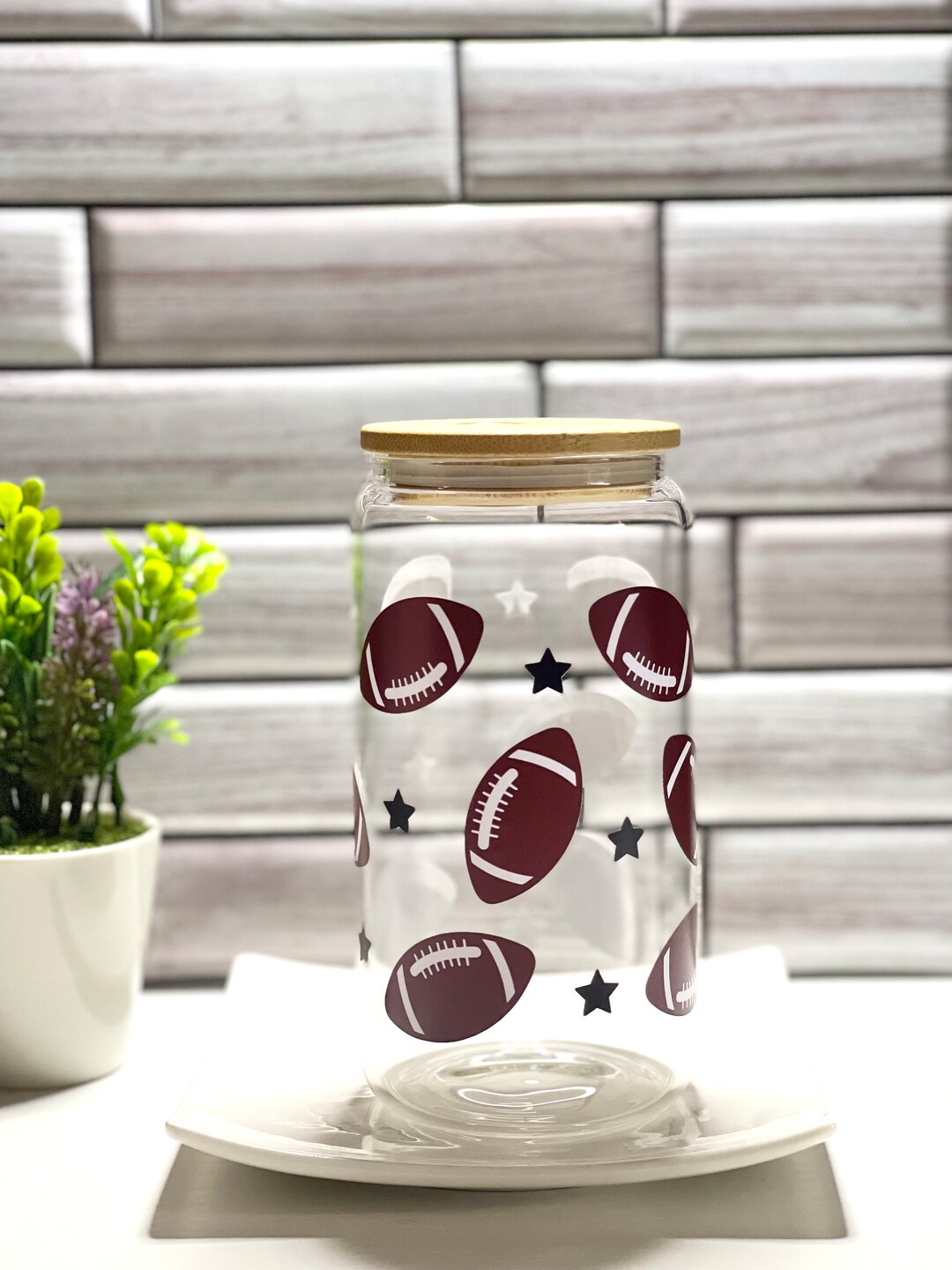 Football Festive Libbey Glass Can Cup With Lid and Straw-16 Oz - Etsy