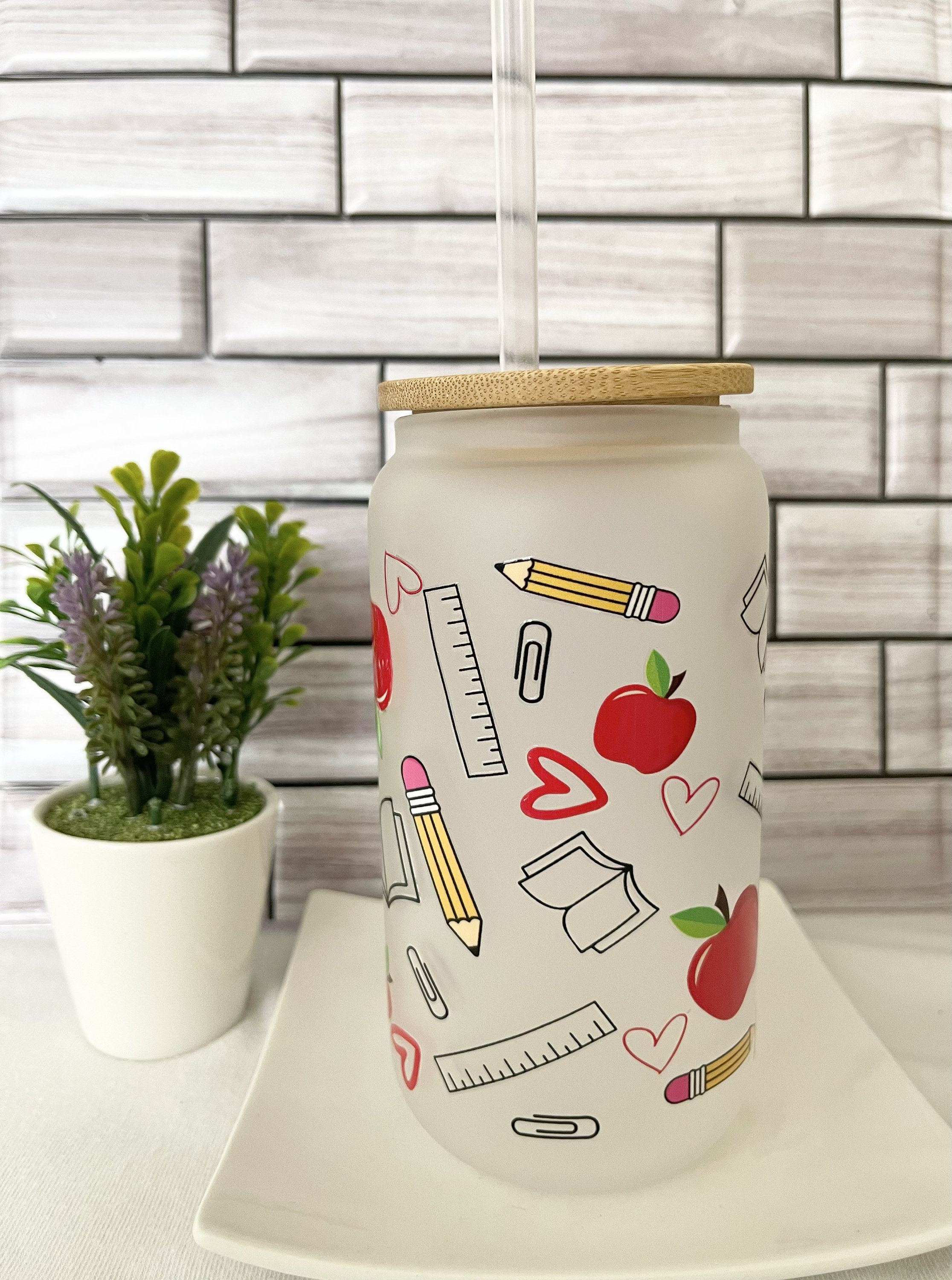 Back to School Libbey Glass Can Cup With Lid and Straw 16 Oz L Trending ...