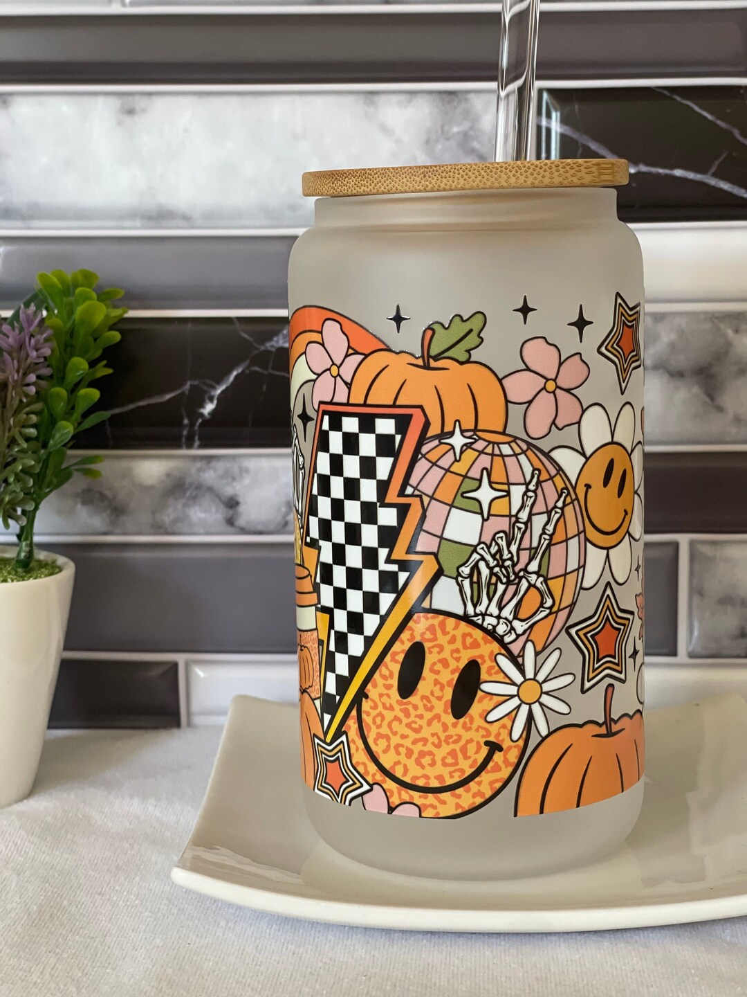 Bold Retro Fall Vibes Libbey Glass Can Cup With Lid and Straw 16 Oz L ...