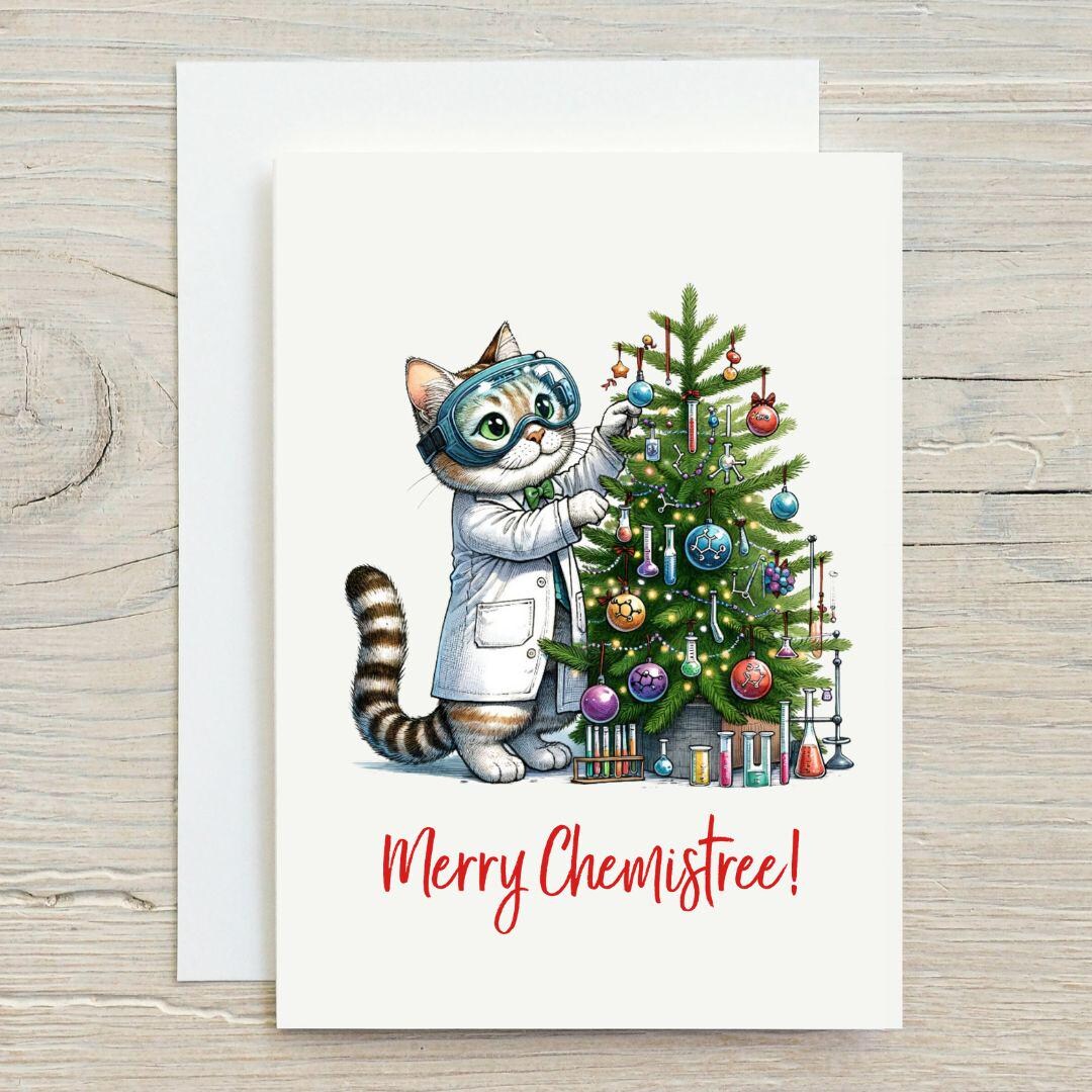 Cute Chemist Cat Christmas Card Set Merry Chemistree Unique Holiday ...
