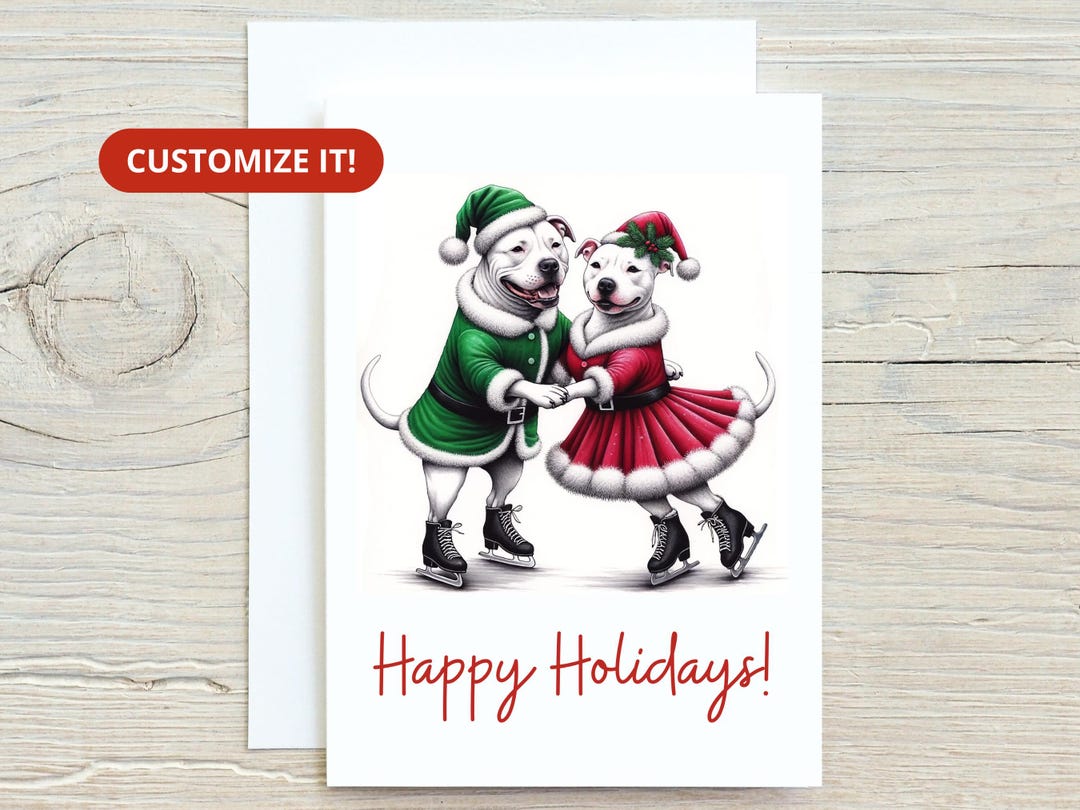 Custom Pit Bull Terrier Holiday Cards Ice Skating Dogs Christmas Card ...
