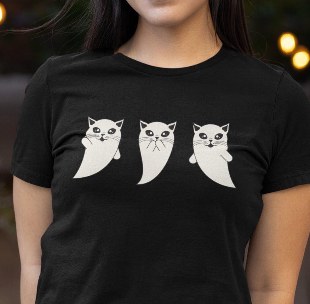 Cute Cat Ghosts Halloween T-shirts Whimsical Kitty Spirits Tee Adorable Feline Spectres Shirt ...