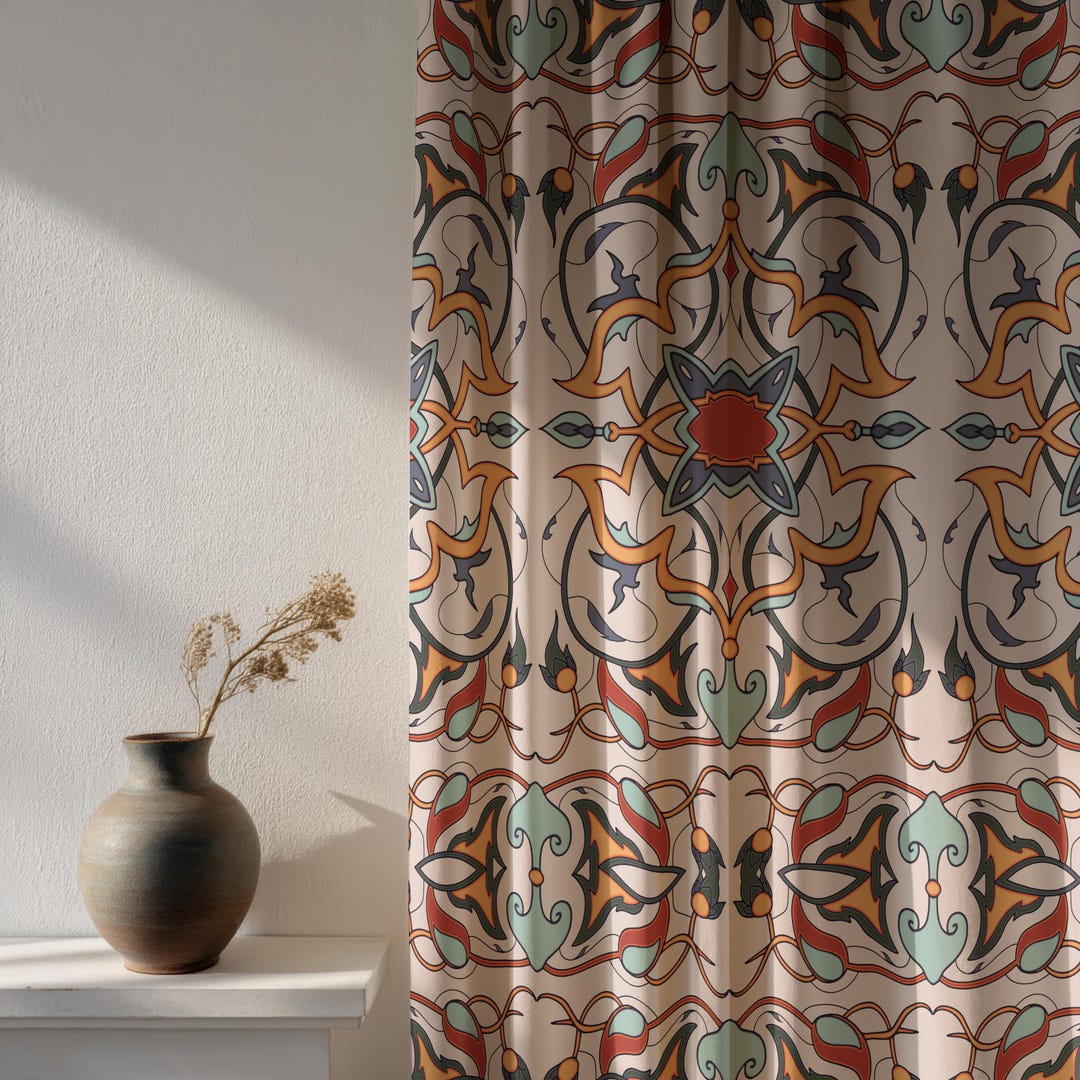 Art Nouveau Damask Curtain Panel, Terracotta Sage Ornate Scroll Drapes ...