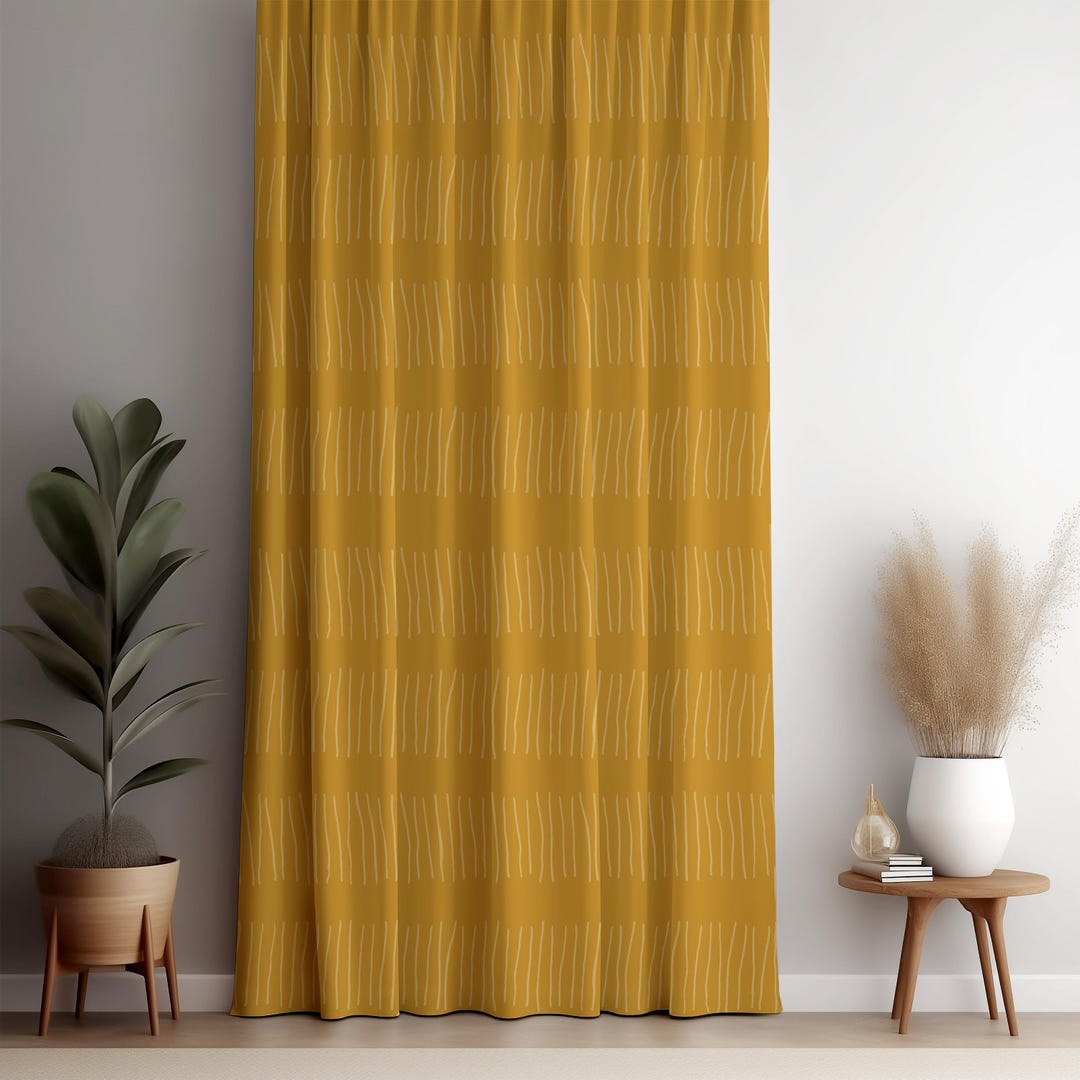 Modern Mustard Curtain, Minimal Boho Drapes With Hand-drawn Line ...