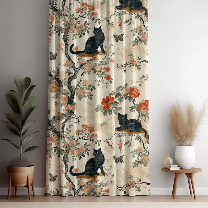 Black Cat Curtain – Vintage Floral Drapes – Oriental Art Fabric – Boho ...