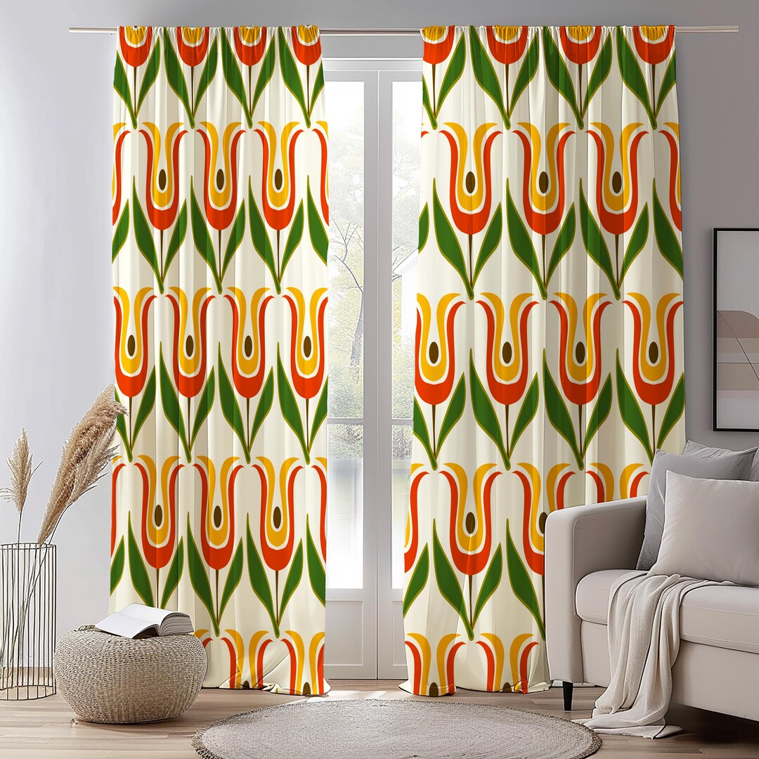 Retro Floral Curtains, Retro Window Drapes, Scandinavian Style Curtain ...