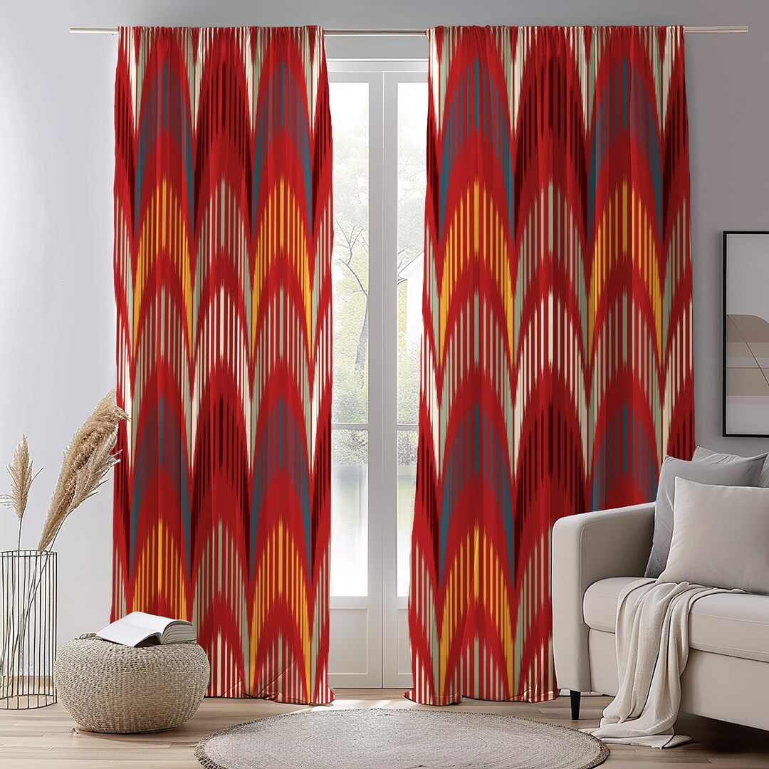 Red Boho Style Curtain, Art Deco Curtains, Geometric Retro Drapes, Mid ...