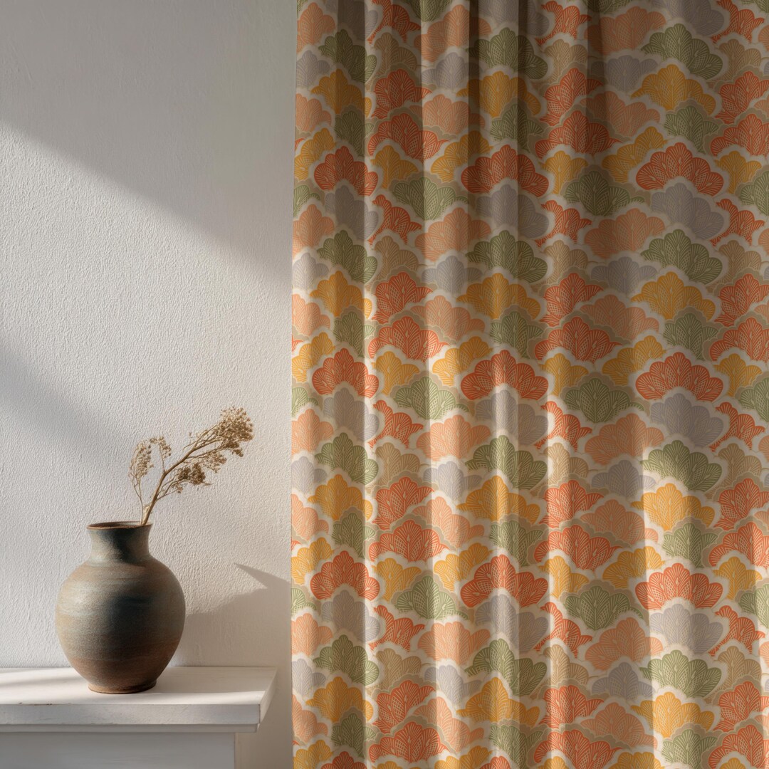Art Deco Scallop Curtain Panel, Orange Sage Mustard, Mid Century Modern ...