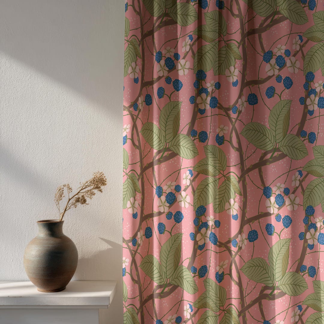 Pink Berry Curtain Panel, Botanical Bramble Print, Cottagecore Decor - Etsy