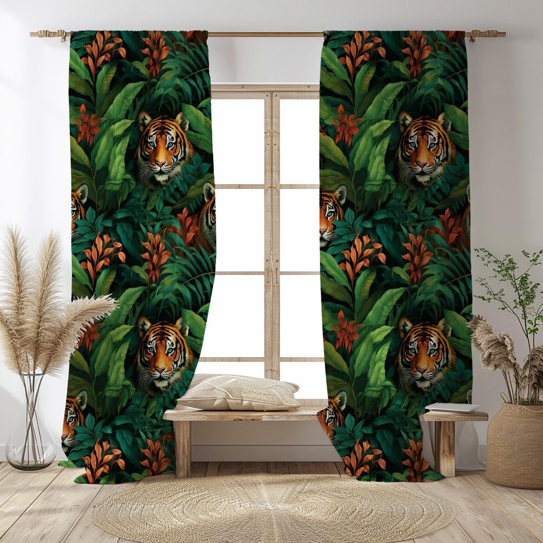 Green Botanical Curtain, Tiger Window Drape, Tiger Curtain Decor ...