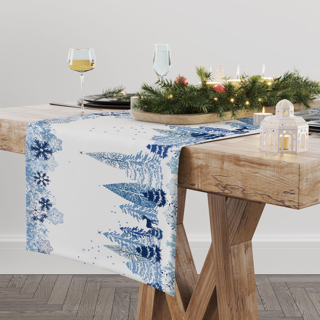 Christmas Blue White Runner, Winter Blue White Tree Pattern Runner ...