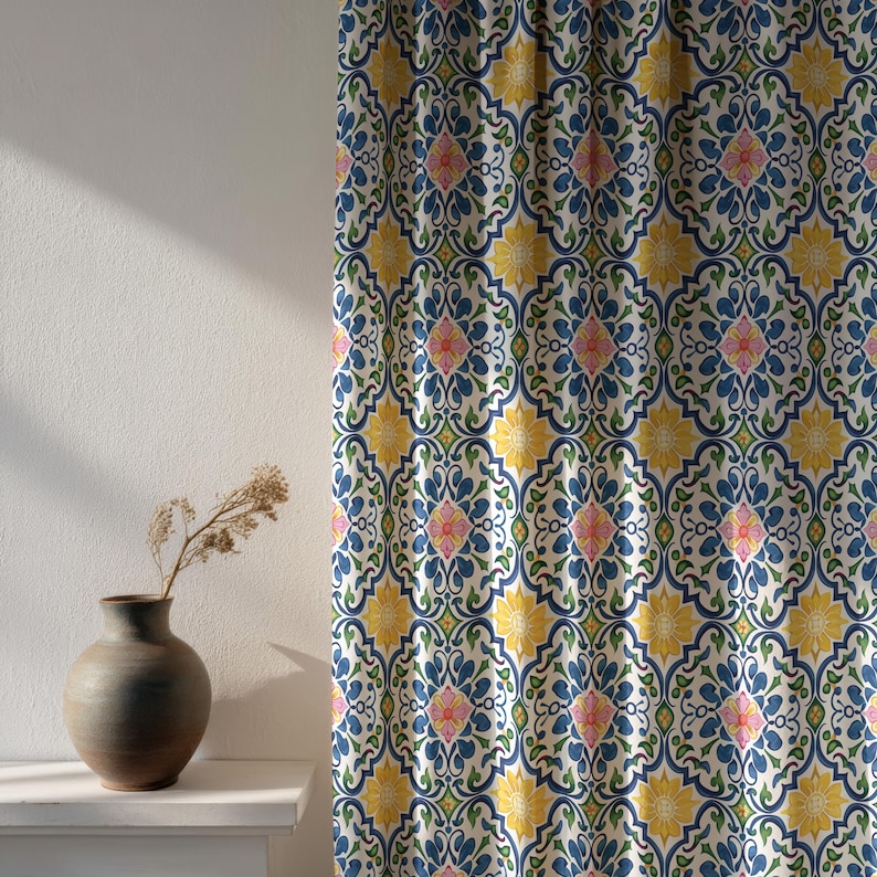 Colorful Mediterranean Tile Curtain Panel, Blue Yellow Floral Moroccan ...