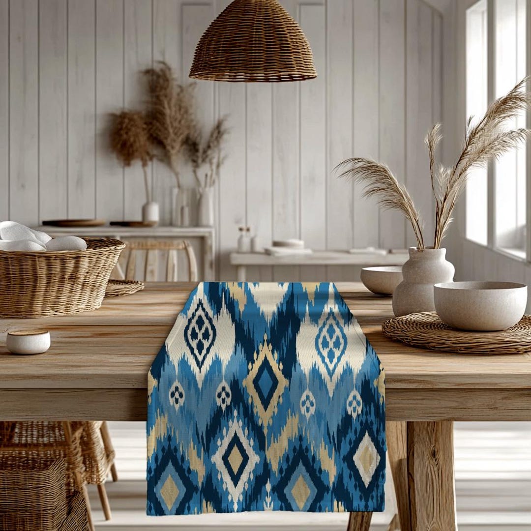 Blue White Ikat Pattern Table Runner, Vintage Table Linen, Decorative Table Runner, Dining Table ...