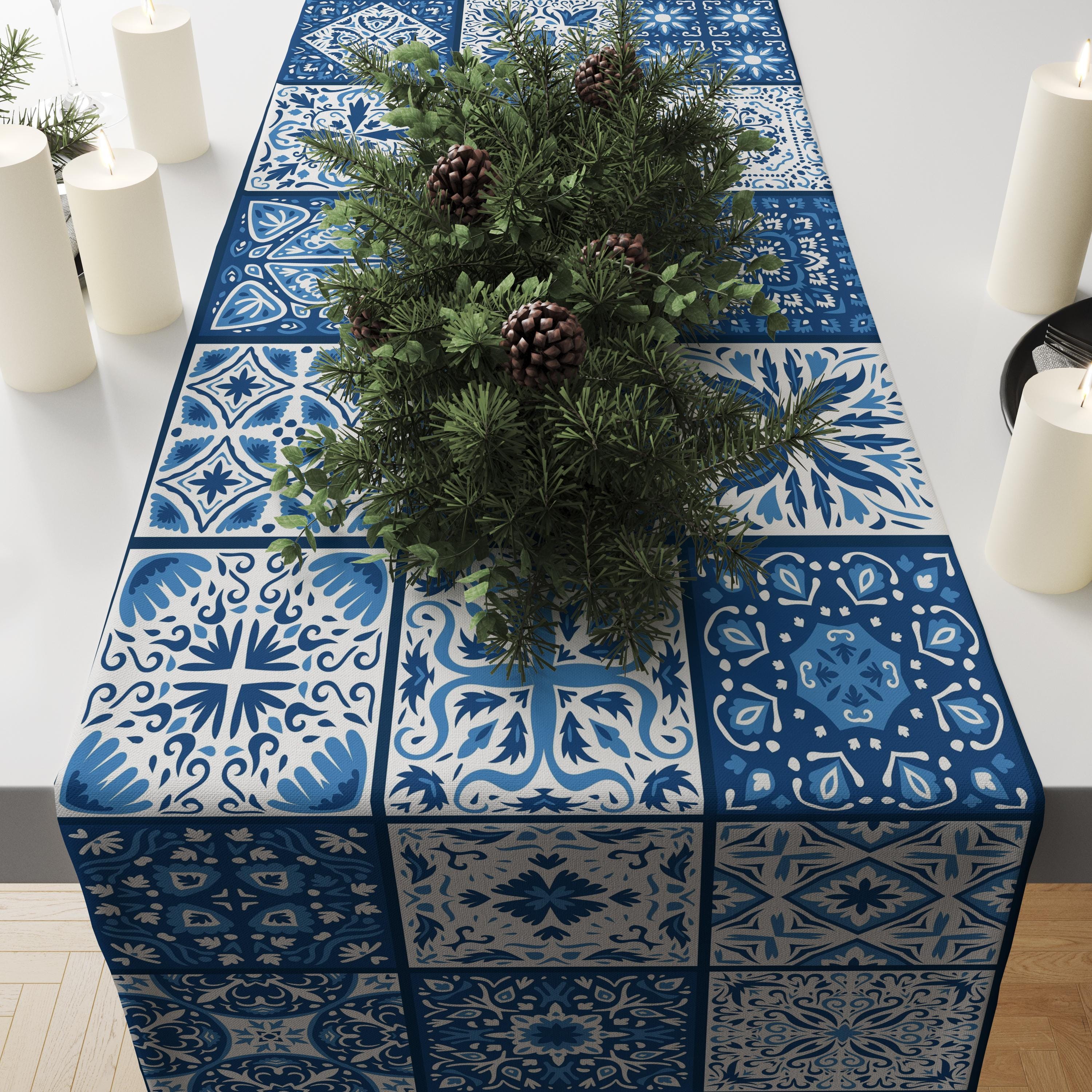 Blue Tile Table Runner – Mediterranean Kitchen & Dining Linen - Etsy