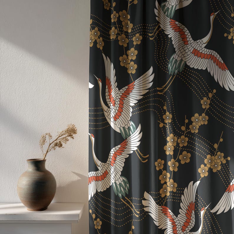 Japanese Crane Blackout Curtain, Elegant Flying Cranes & Sakura Blossom ...