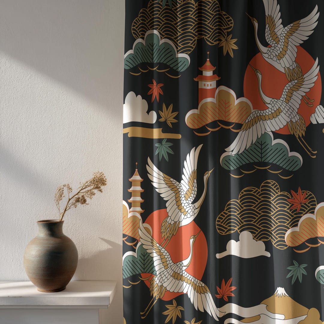 Japanese Crane Curtain, Vintage Asian Art Window Drapes - Etsy