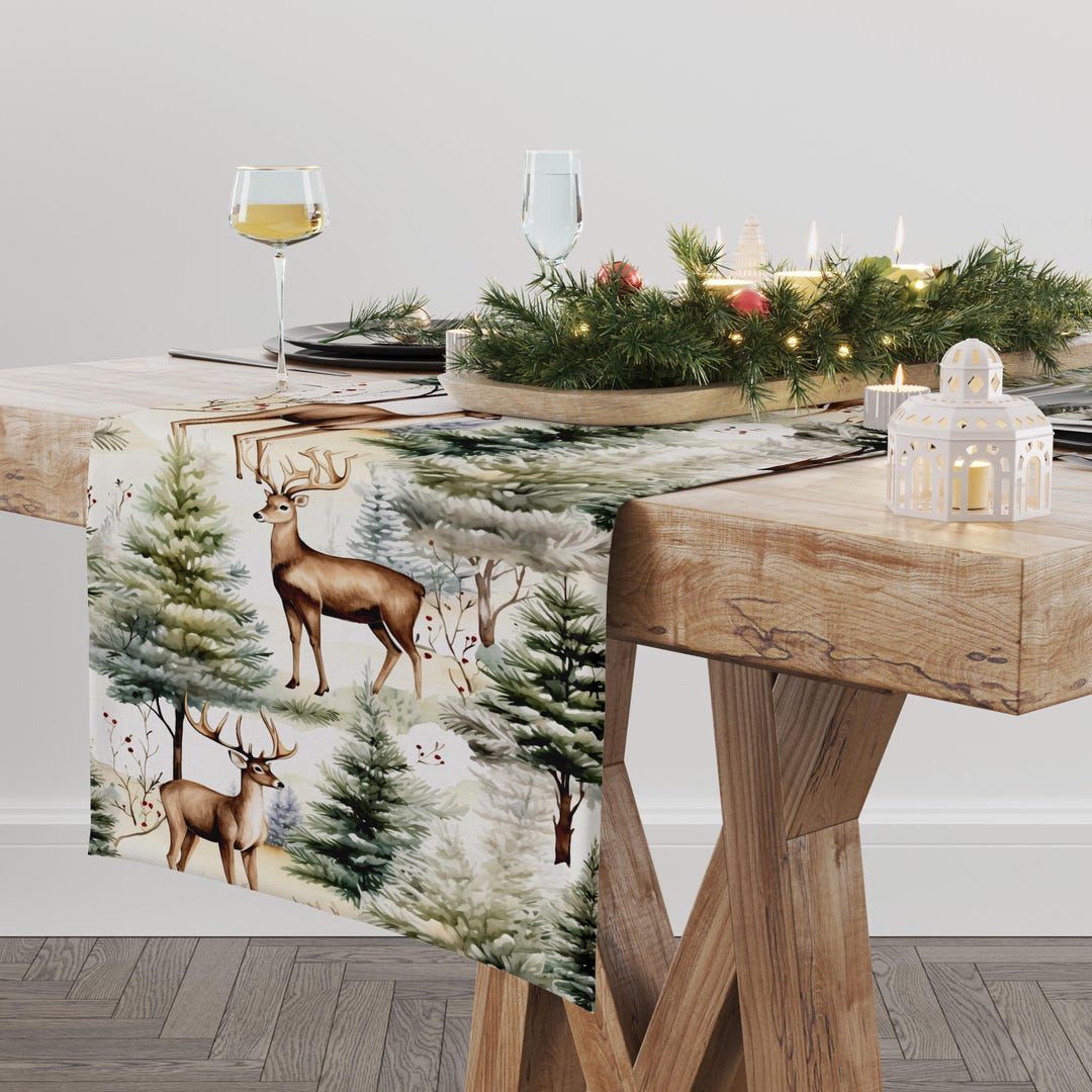 Christmas Deer Table Runner, Winter Deer Table Runner, Rustic Woodland ...